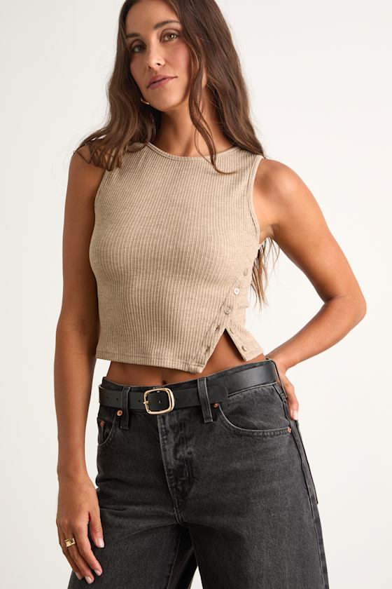 Taupe Ribbed Knit Top - Crew Neck Tank Top - Side-Button Tank Top - Lulus