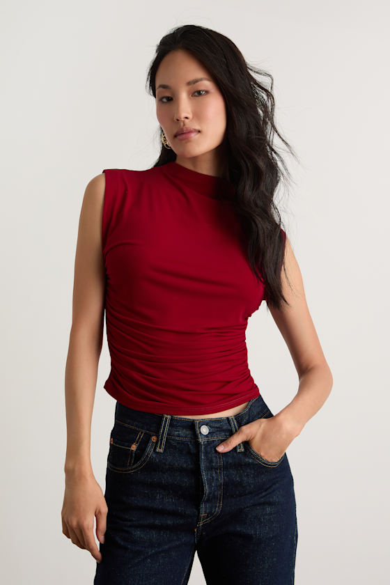 Wine Red Slinky Knit Top - Ruched Top - Mock Neck Sleeveless Top - Lulus