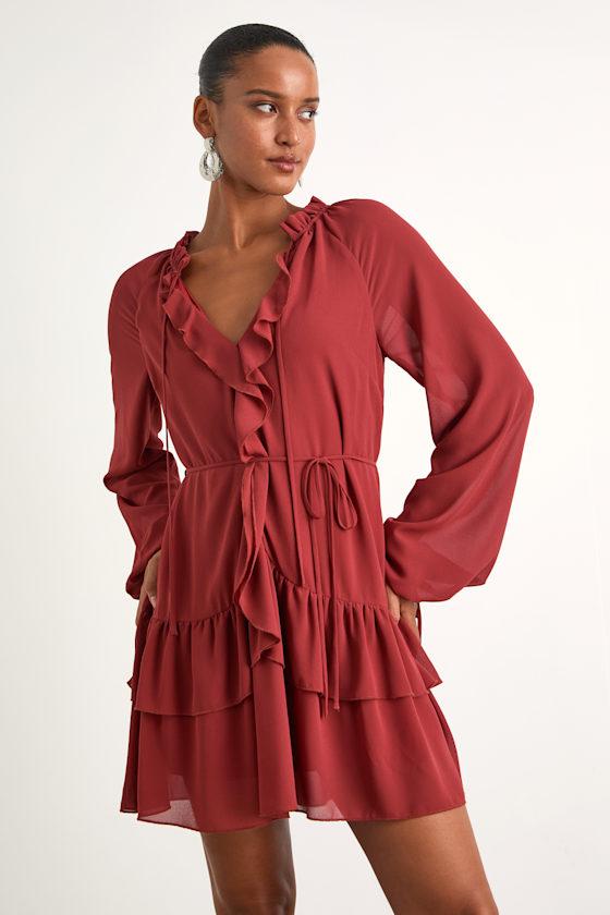 Rust Red Dress - Long Sleeve Mini Dress - Ruffled Tiered Dress - Lulus