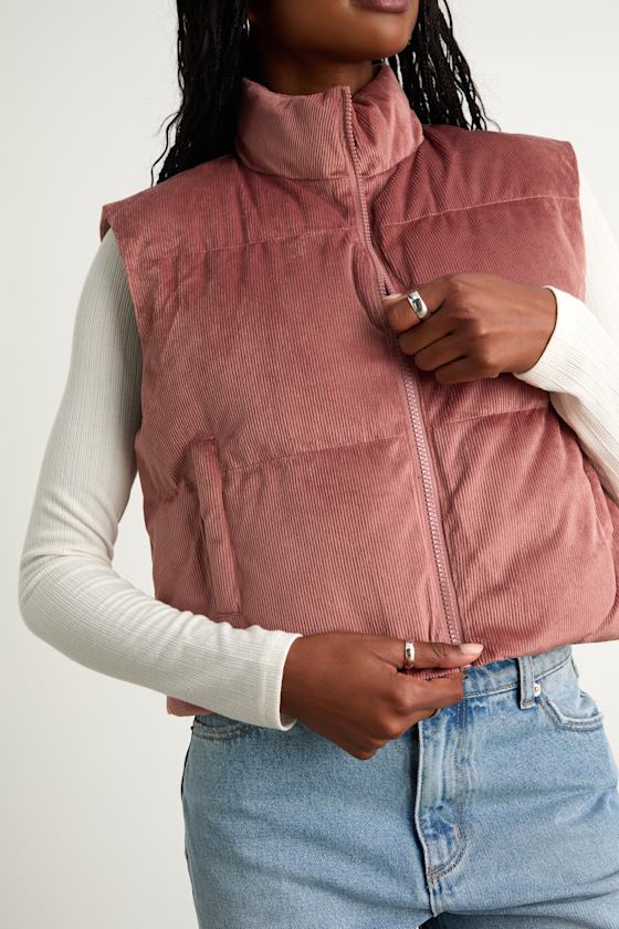 Dusty Rose Vest - Corduroy Puffer Vest - Cropped Puffer Vest - Lulus