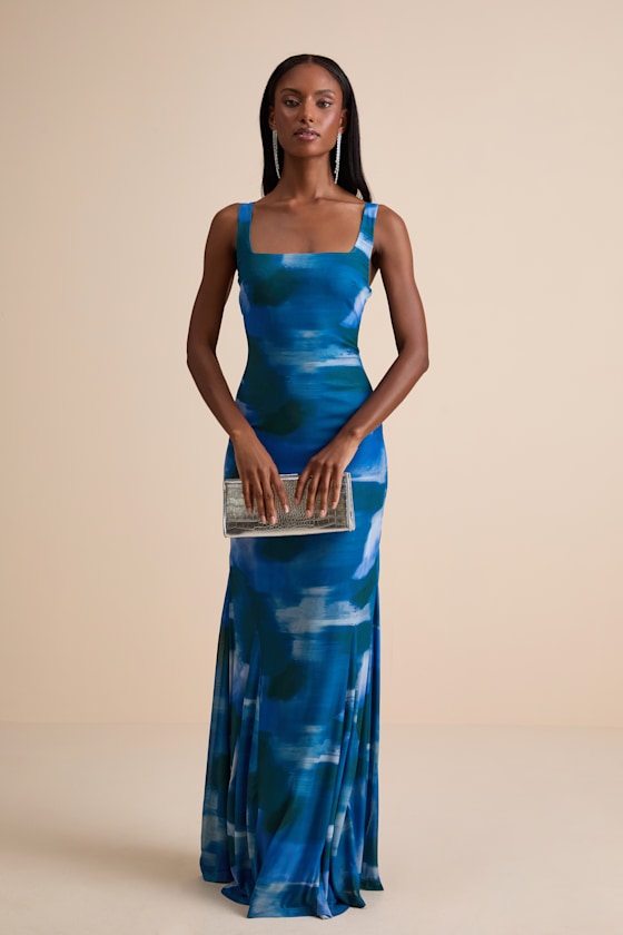 Blue Abstract Dress - Mesh Mermaid Maxi Dress - Sleeveless Dress - Lulus