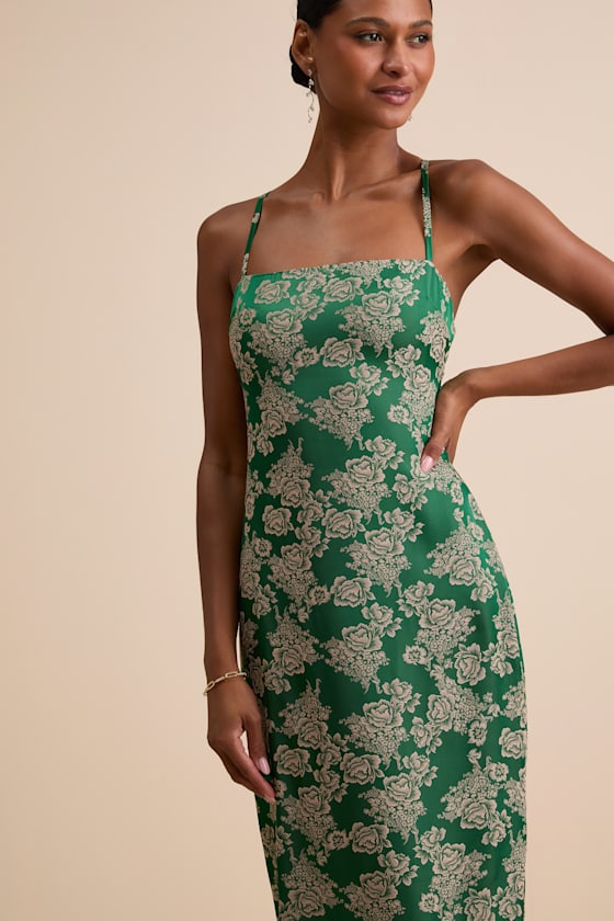 Green Floral Dress - Satin Column Dress - Lace-Up Maxi Dress - Lulus