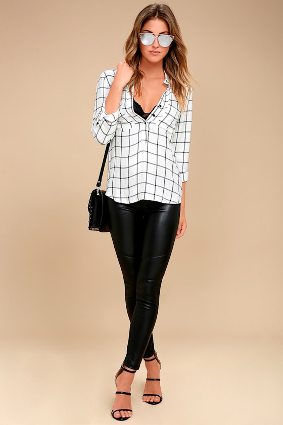 Chic White Grid Print Top - Collared Top - Long Sleeve Top - Lulus