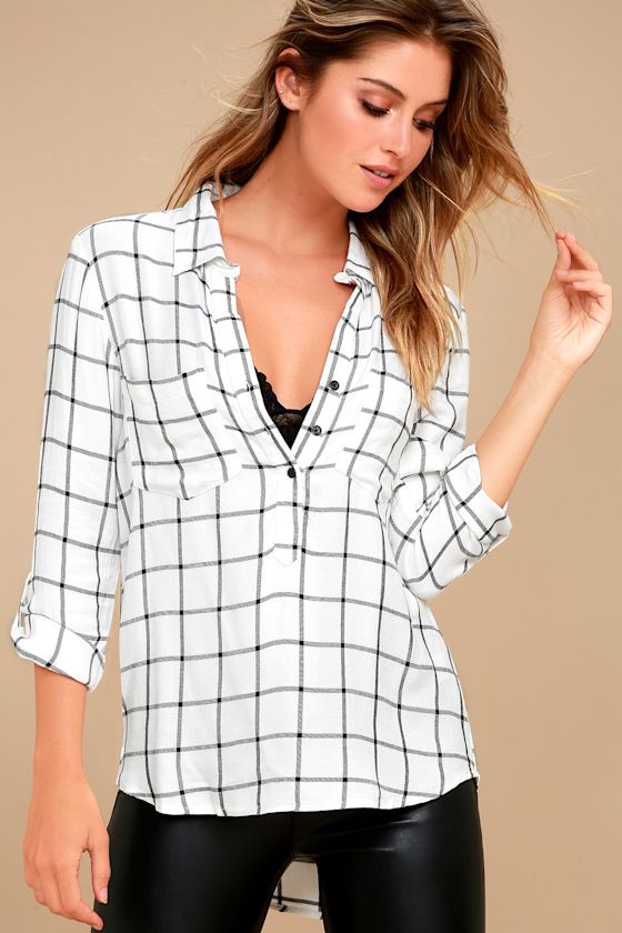 Chic White Grid Print Top - Collared Top - Long Sleeve Top - Lulus