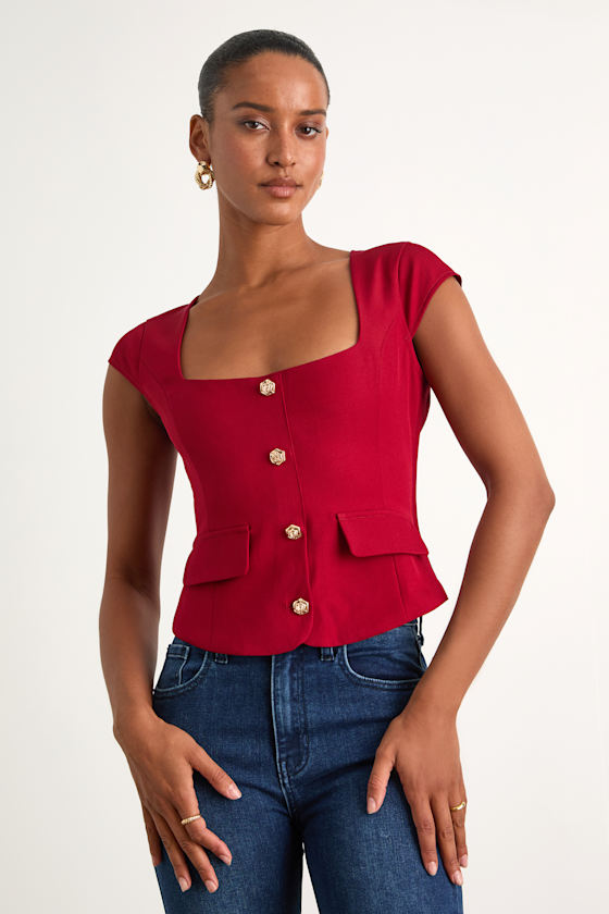 Red Square Neck Top - Short Cap Sleeve Top - Button-Front Top - Lulus