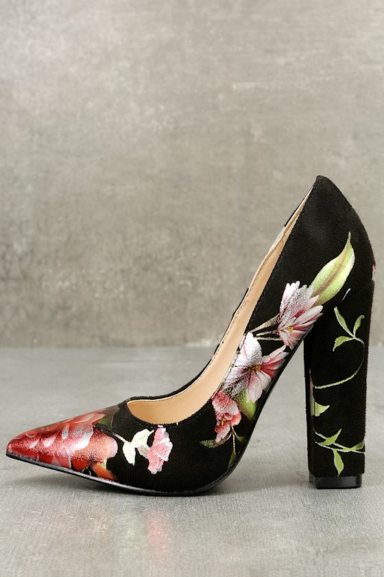 Pretty Black Print Pumps - Vegan Suede Pumps - Pointed Pumps - Lulus
