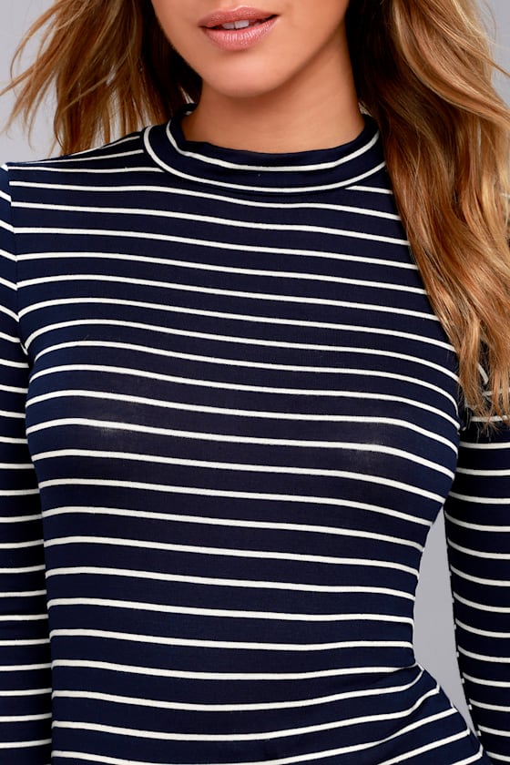 Chic Navy Blue Striped Top - Long Sleeve Top - Mock Neck Top