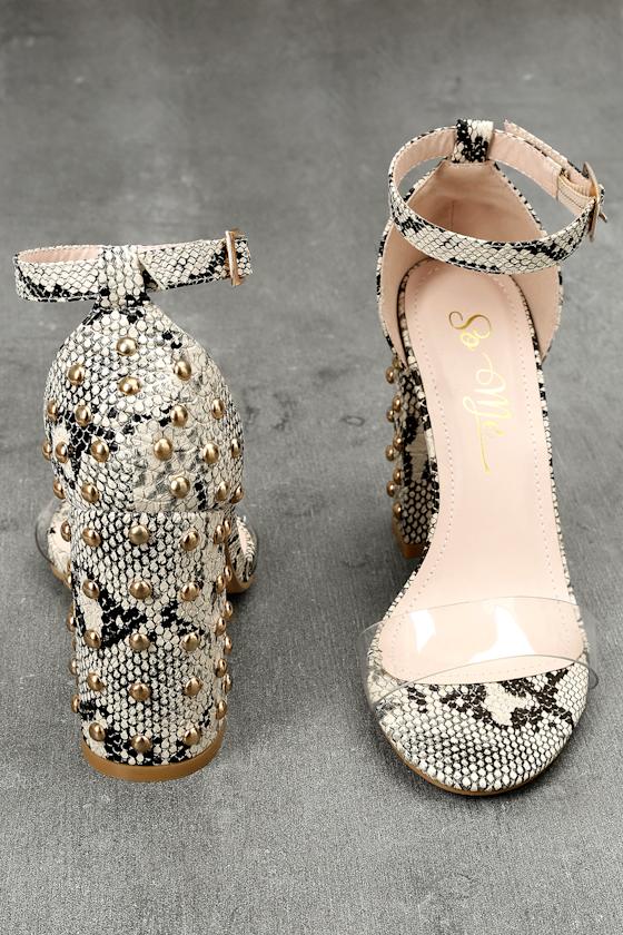 Chic Snake Print Heels - Ankle Strap Heels - Studded Heels