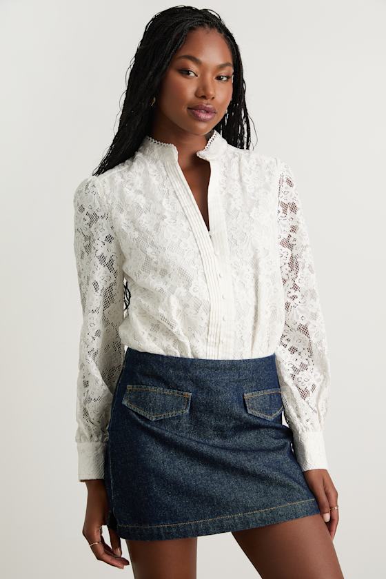 Ivory Floral Lace Bodysuit - Long Sleeve Bodysuit - Blousy Top - Lulus