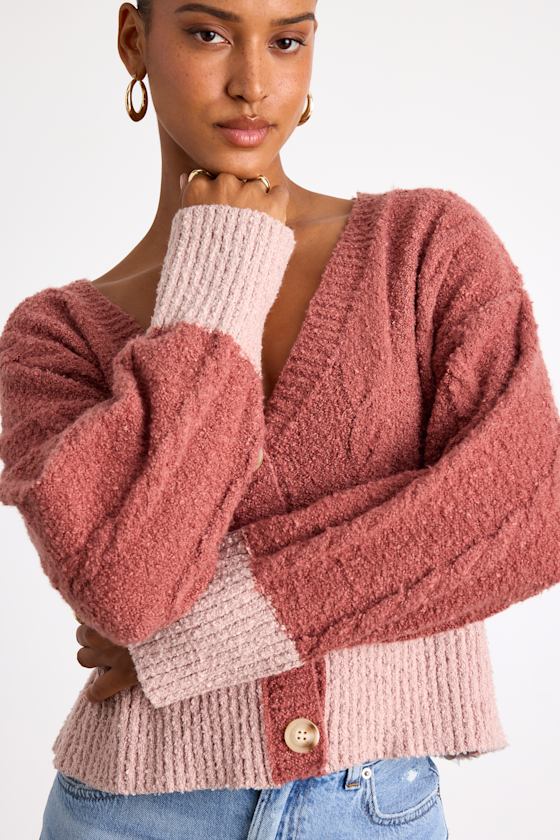 Rusty Rose & Pink Sweater - Cable Knit Cardigan - Boucle Cardigan - Lulus