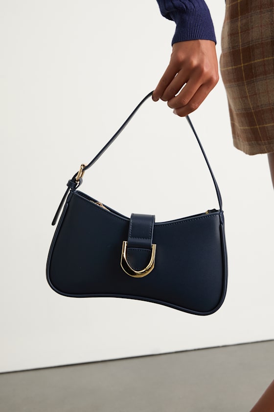 Cute Navy Handbag - Structured Shoulder Bag - Buckle Bag - Lulus