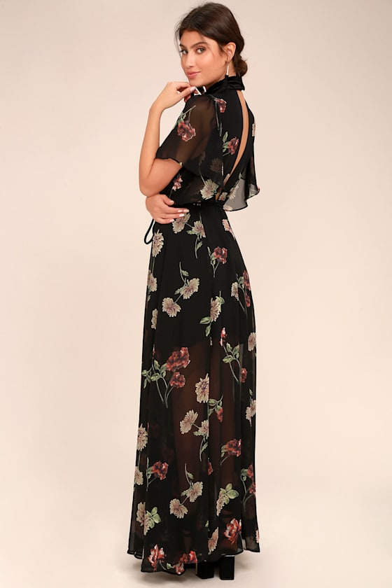 Lovely Black Floral Print Dress - Maxi Dress - Ruffled Dress