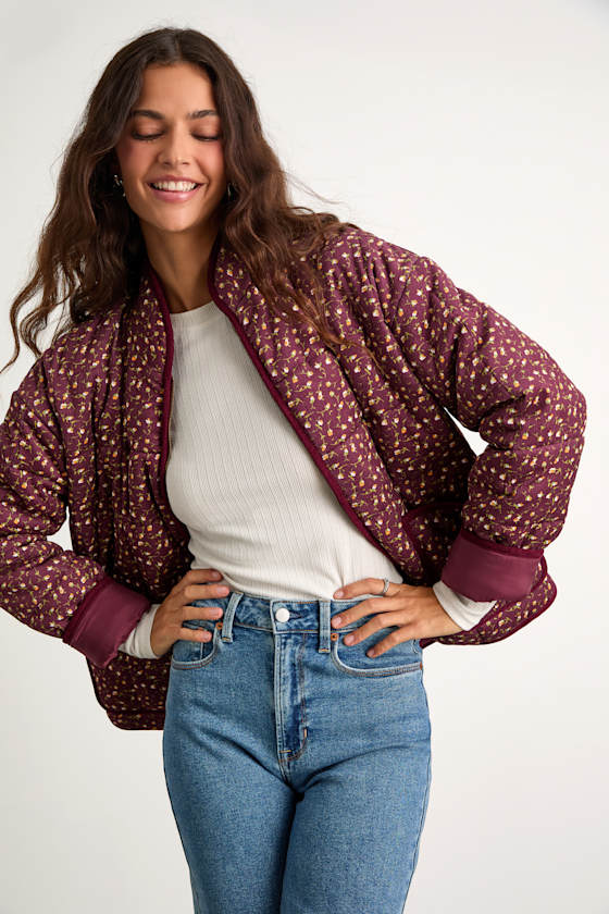 Burgundy Floral Jacket - Quilted Puffer Jacket - Zip-Front Jacket - Lulus