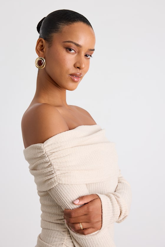 Cream Textured Knit Top - Off-the-Shoulder Top - Long Sleeve Top - Lulus