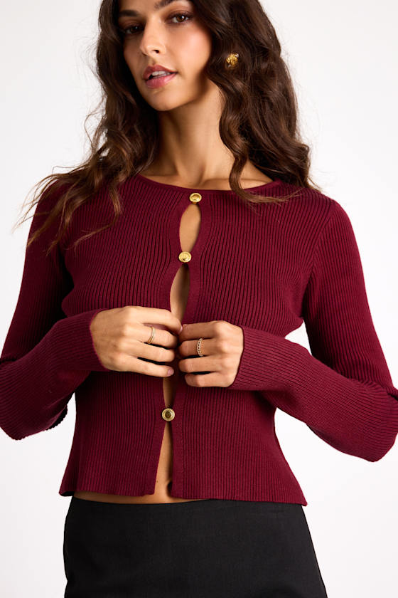 Wine Red Ribbed Top - Cutout Button-Front Top - Long Sleeve Top - Lulus