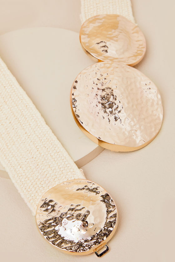 Gold Disc Belt - Beige Raffia Woven Belt - Hammered Disc Belt - Lulus