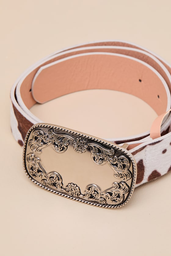 Brown & White Cow Print Belt - Faux Pony Hair Belt - Western Belt - Lulus