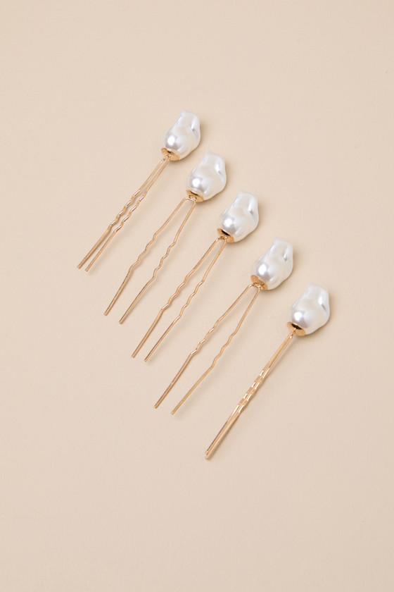 Gold Pearl Hairpin Set - Five-Piece Hairpin Set - Pearl Hairpins - Lulus