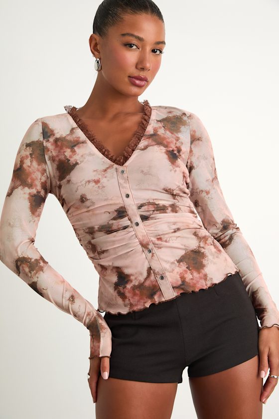 Mauve Abstract Top - Ruched Mesh Top - Ruffled Long Sleeve Top - Lulus