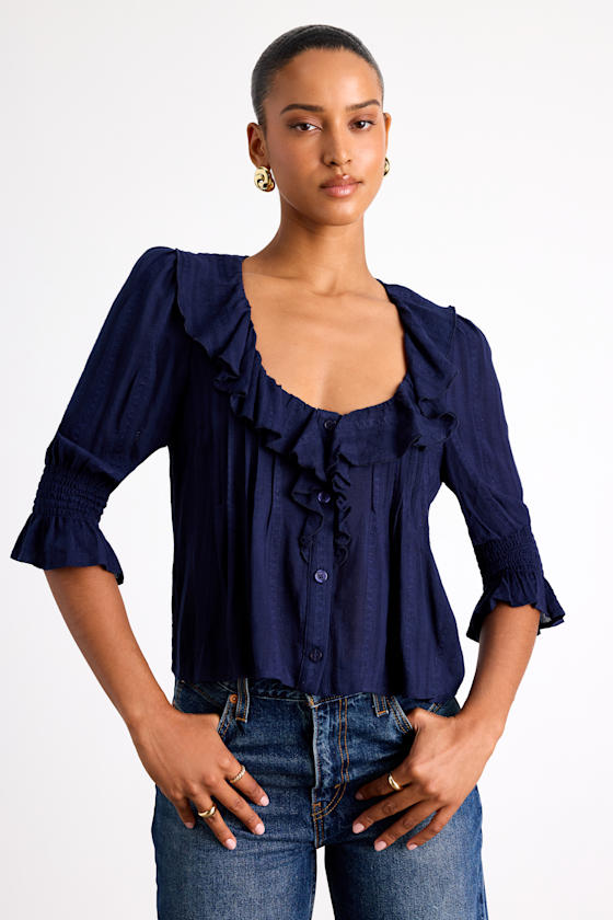 Navy Ruffled Blouse - Elbow Sleeve Blouse - Button-Front Blouse - Lulus