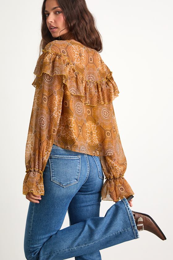 Golden Yellow Boho Print Top - Ruffled Top - Tie-Front Top - Lulus
