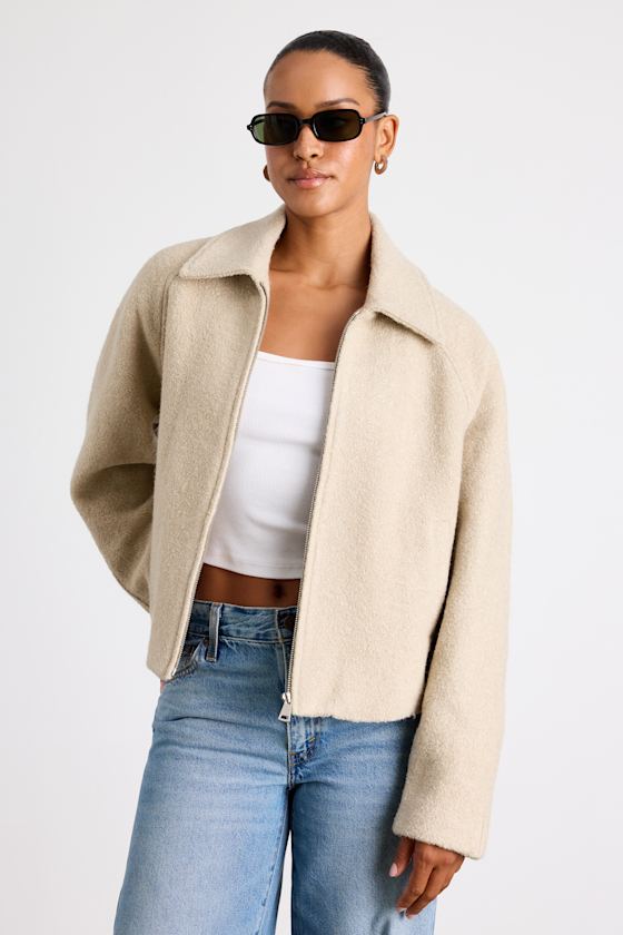 Beige Wool Jacket - Wool Collared Jacket - Raglan Sleeve Jacket - Lulus
