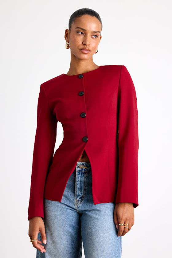 Dark Red Blazer - Button-Front Blazer - Crew Neck Blazer Top - Lulus