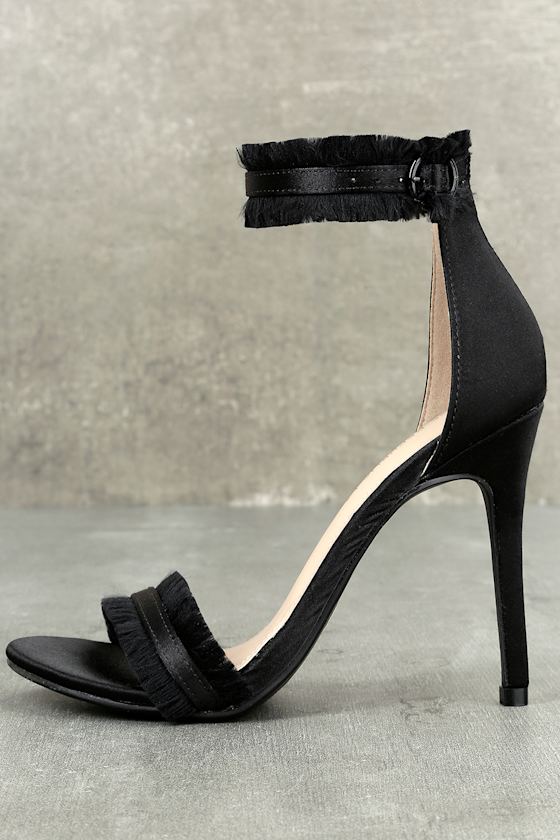 Luxe Satin Heels - Black Ankle Strap Heels - Fringe Heels - Lulus