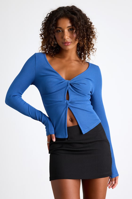 Blue Ribbed Knit Top - Knot-Front Cutout Top - Long Sleeve Top - Lulus