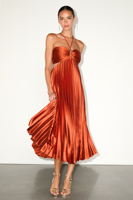 Rust Pleated Midi Dress - Satin Cutout Dress - Halter Midi Dress - Lulus