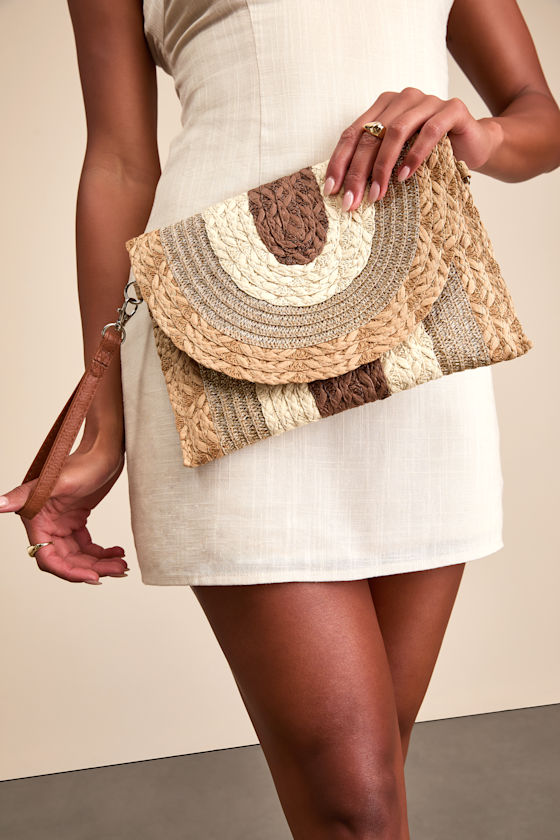 Brown Multi Raffia Clutch - Woven Straw Clutch - Fold-Over Clutch - Lulus