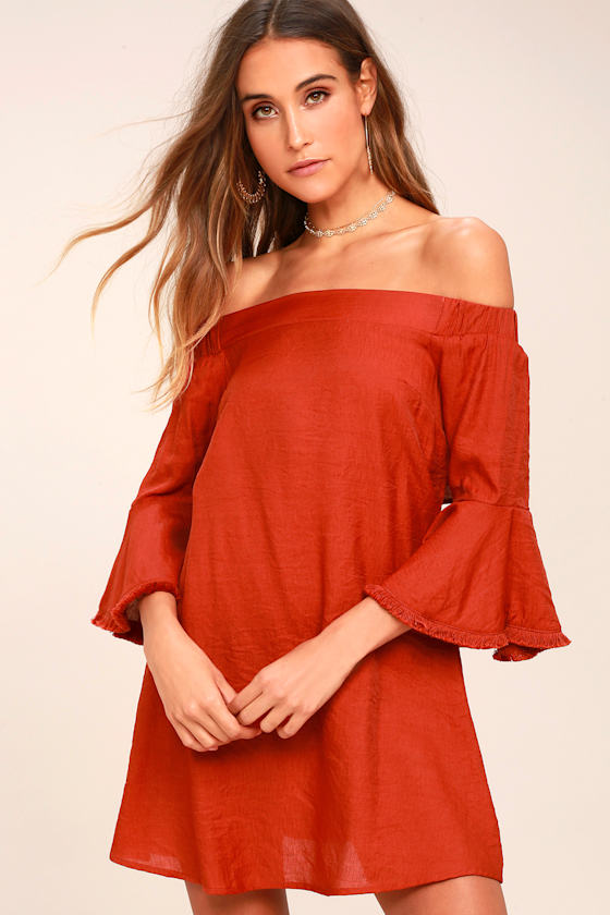Rust Orange Dress - Off-the-Shoulder Dress - Back Cutout - Lulus