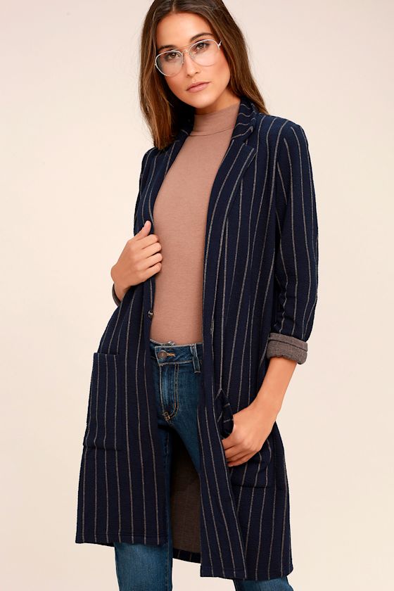 Cozy Navy Coat - Striped Coat - Knit Car Coat - Lulus