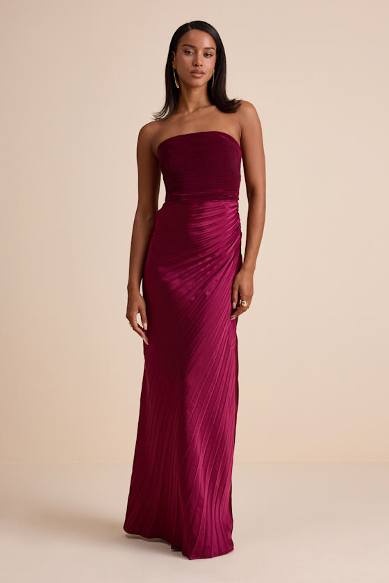 Berry Red Dress - Strapless Maxi Dress - Satin Pleated Dress - Lulus