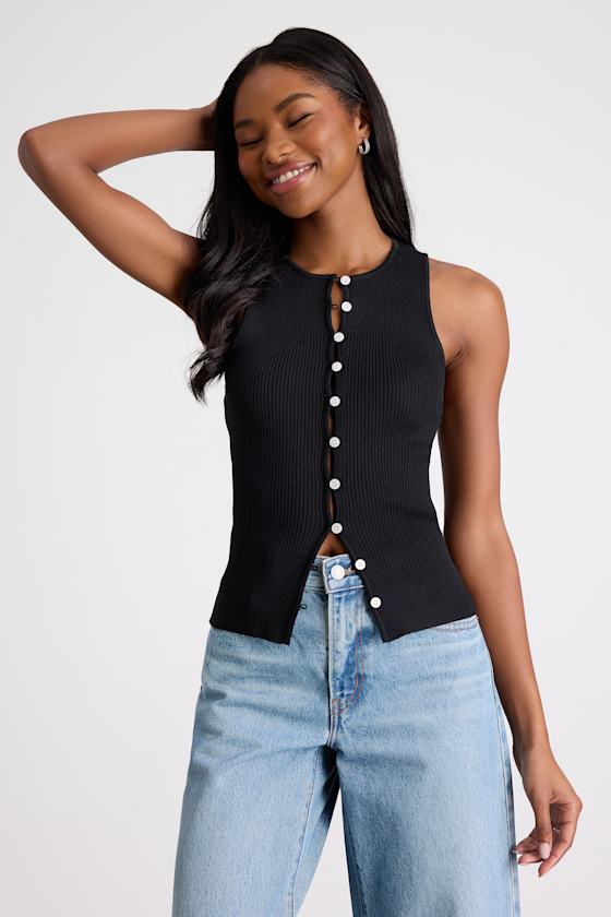 Black Ribbed Top - Button-Front Tank Top - Sleeveless Knit Top - Lulus