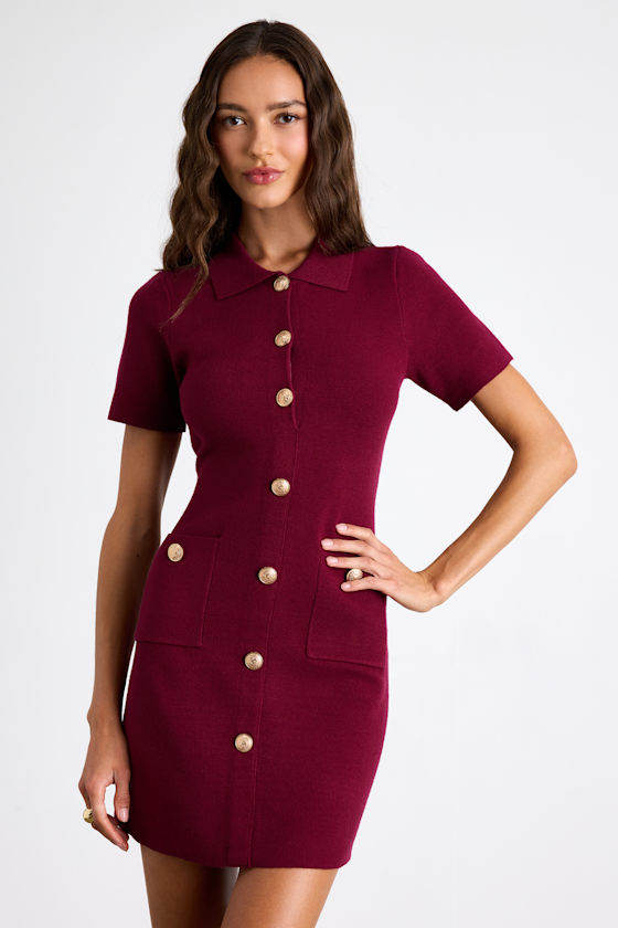 Wine Red Sweater Mini Dress - Short Sleeve Dress - Collared Dress - Lulus