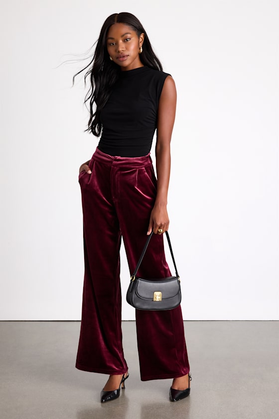 Burgundy Velvet Pants - Mid-Rise Wide-Leg Pants - Trouser Pants - Lulus