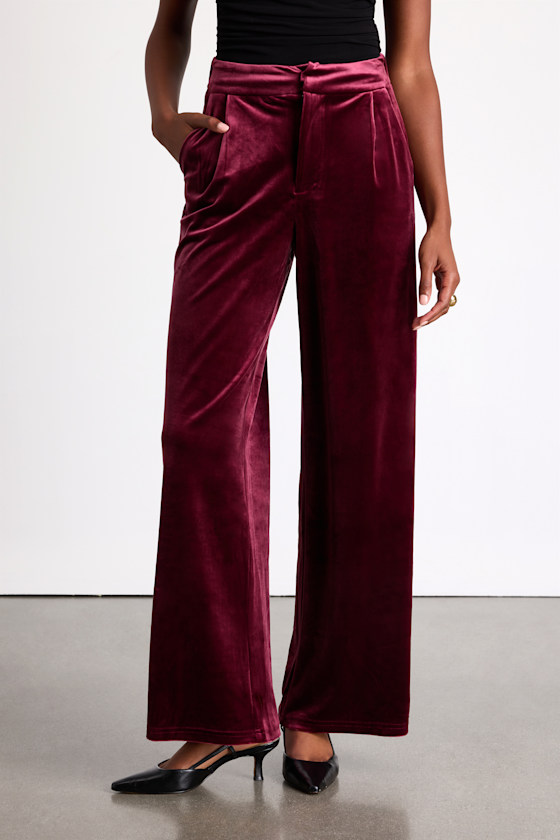 Burgundy Velvet Pants - Mid-Rise Wide-Leg Pants - Trouser Pants - Lulus