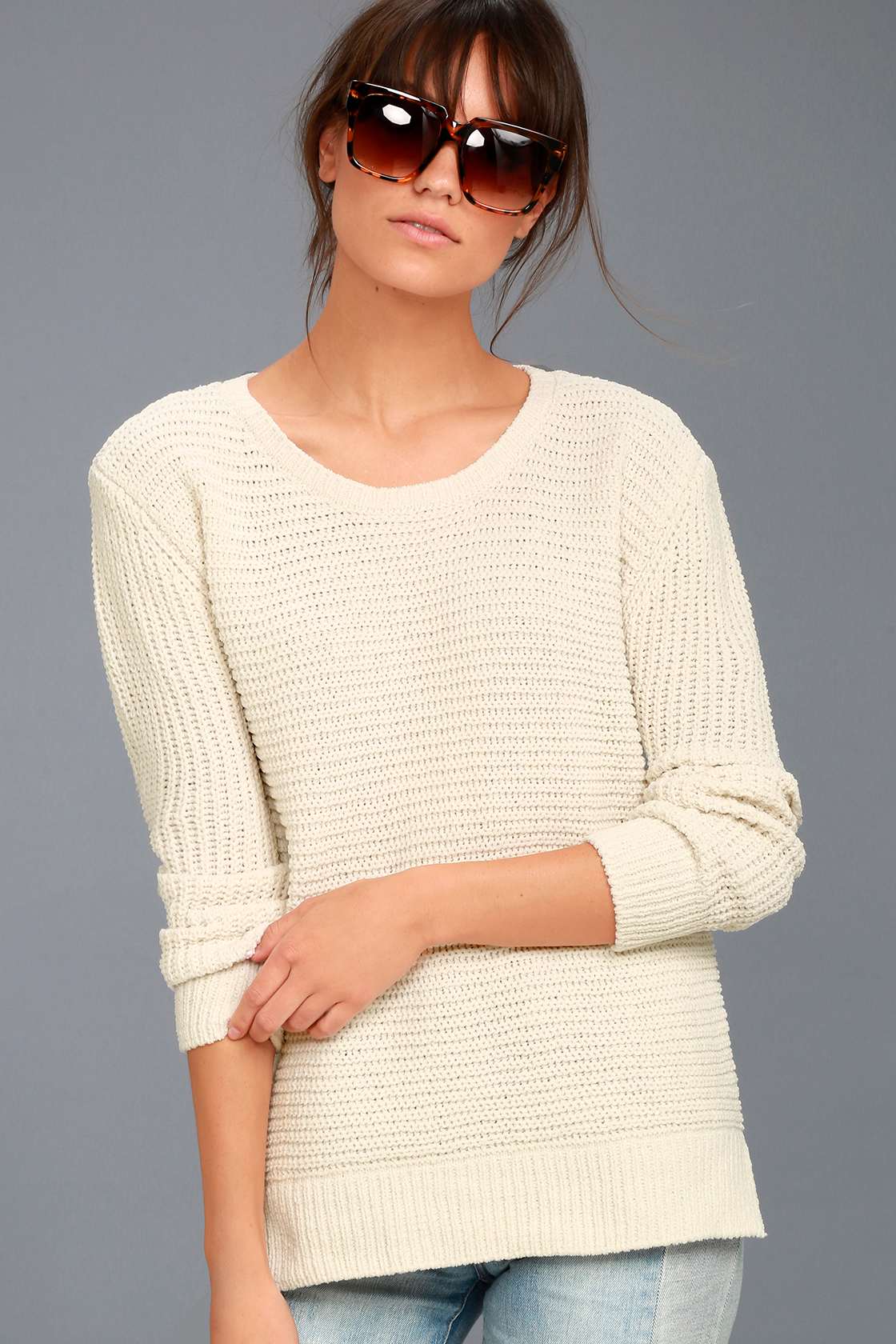 BB Dakota Briegh Light Beige Sweater - Knit Chenille Sweater - Lulus