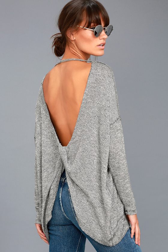 Cute Open Back Top - Knit Top - Marled Grey Top