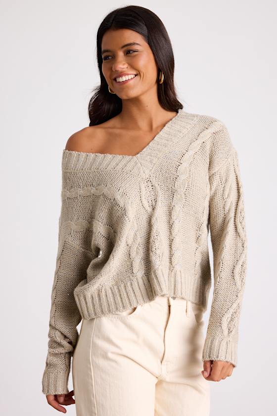 Light Grey Sweater - Sequins Cable Knit Sweater - V-Neck Sweater - Lulus