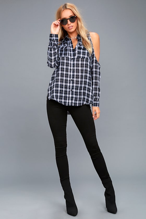 Cute Blue Flannel - Cold-Shoulder Top - Flannel Top - Lulus