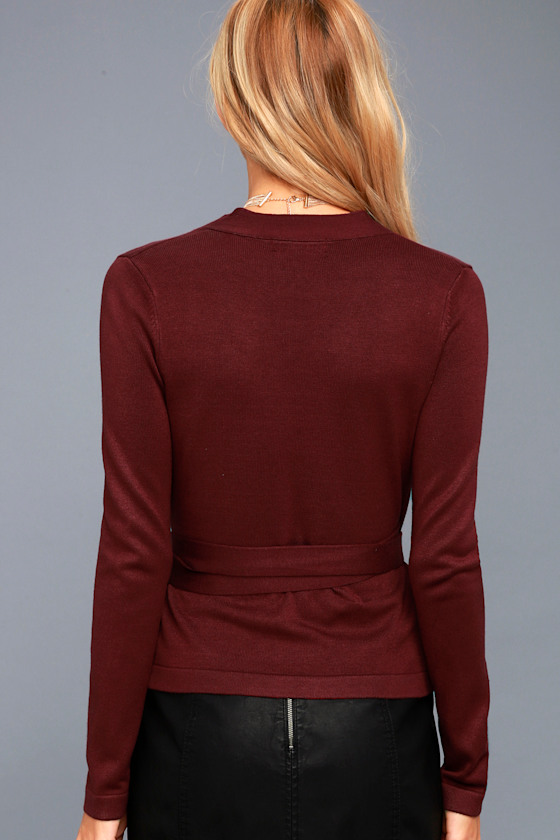 Chic Sweater Top Knit Top Burgundy Long Sleeve Top