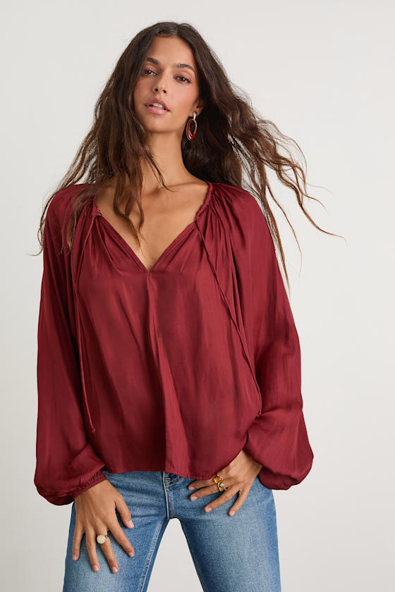 Wine Red Top - Gathered Boho Top - Long Balloon Sleeve Top - Lulus