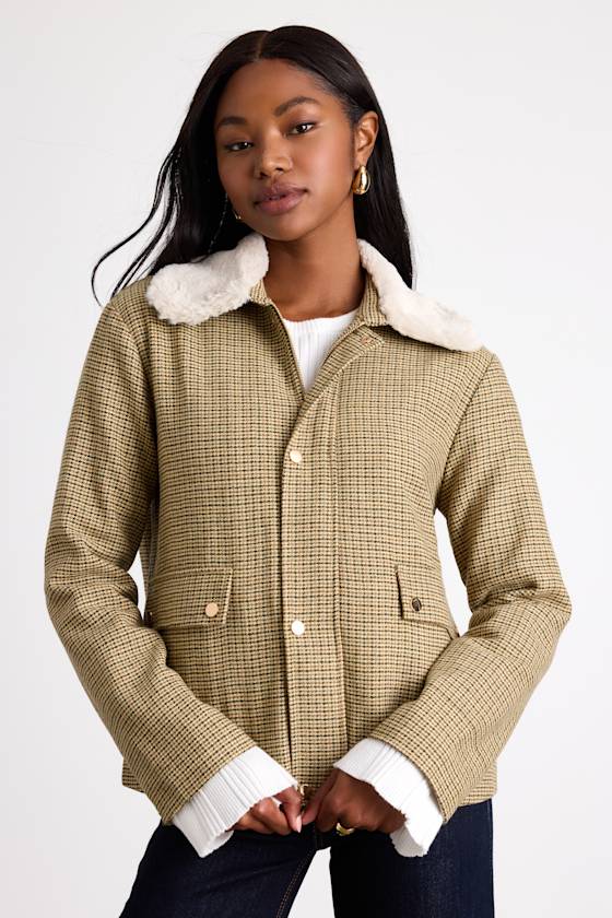 Beige Tweed Jacket - Faux Fur Collar Jacket - Collared Jacket - Lulus