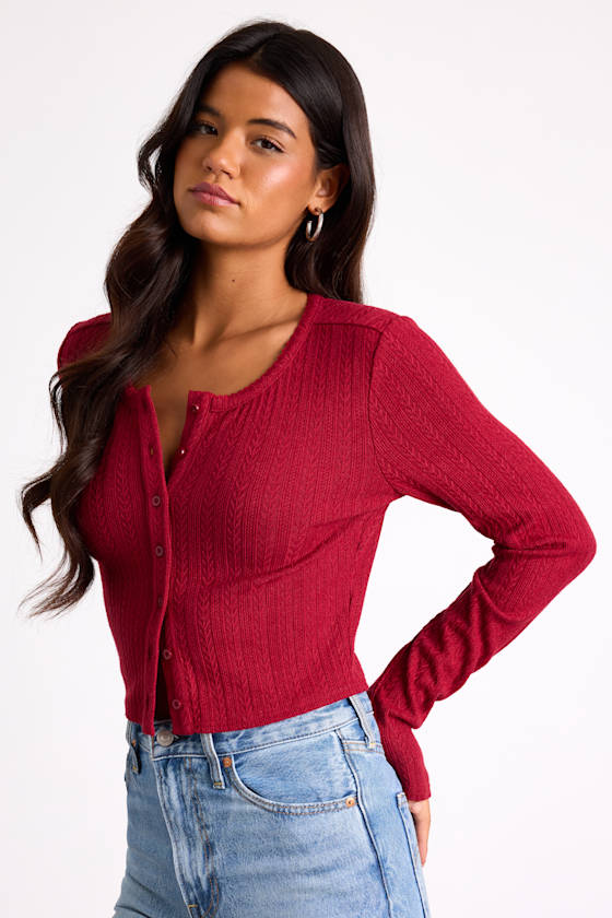 Red Pointelle Knit Top - Button-Front Top - Cardigan Crop Top - Lulus