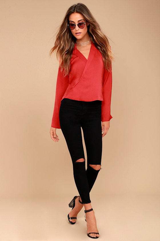 Chic Red Bell Sleeve Top - Satin Top - Collared Shirt - Lulus