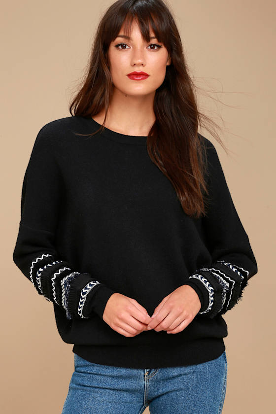Cozy Embroidered Sweater- Black Sweater - Fringe Sweater - Lulus
