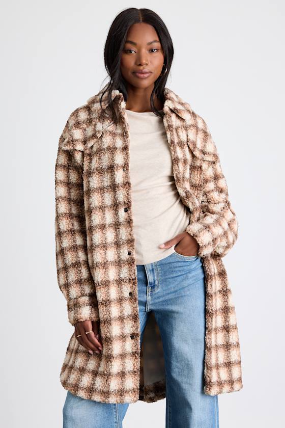 Plaid Teddy Jacket - Shearling Jacket - Beige & Brown Jacket - Lulus