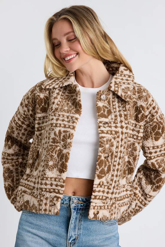 Light Brown Shacket - Patchwork Print Shacket - Teddy Fur Shacket - Lulus